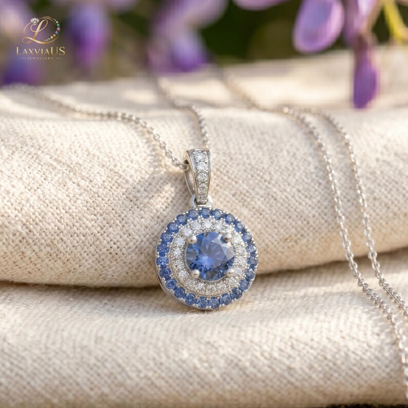 1 CT Blue Sapphire Halo Necklace ,azure Royale Round Diamond Halo ...