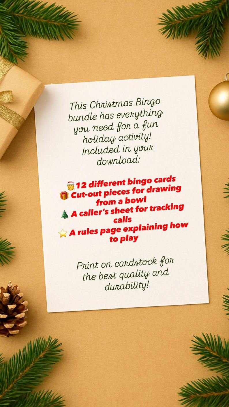 Christmas Bingo Printable Game | 12 Cards + Calling Pieces | Holiday ...