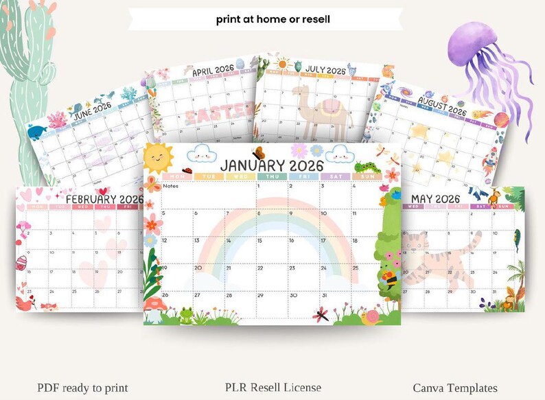 2026 Kids Calendar PLR | Printable Monthly Planner, Canva Editable ...