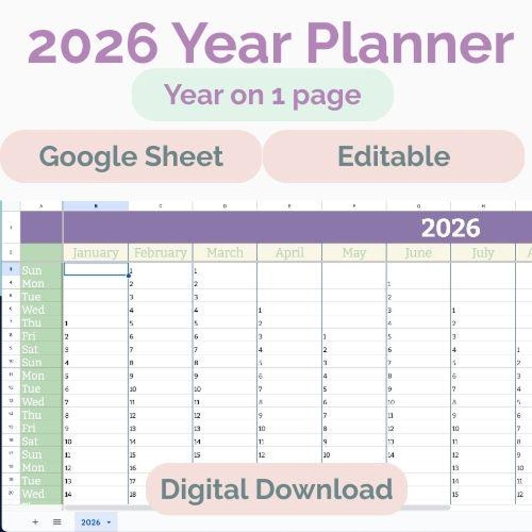 2026 Year at A Glance Google Sheets Calendar Planner - Etsy