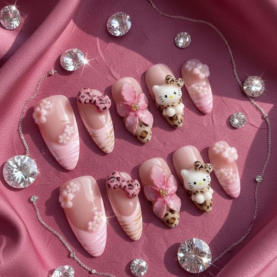 Pink Leopard Cat Press on Nails, 3D Bow Flower Almond Nail Set - Etsy