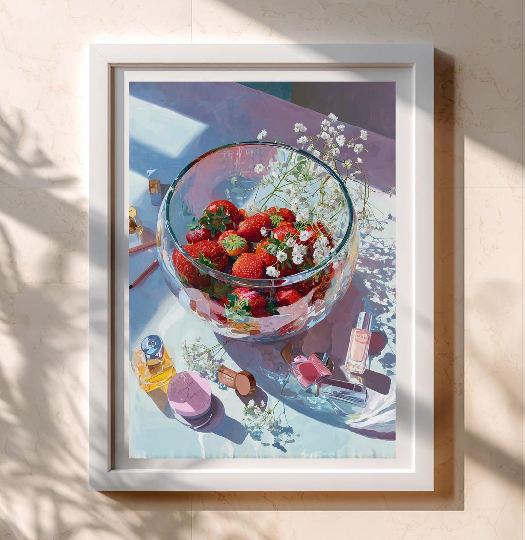 Strawberry Glass Bowl Wall Art, Fresh Red Fruit Art Print, Light Filled ...
