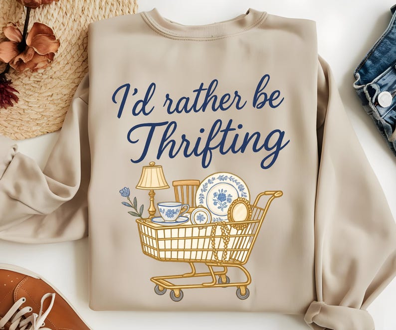 I’d Rather Be Thrifting PNG, Thrift Aesthetic Shirt Design, Blue and ...