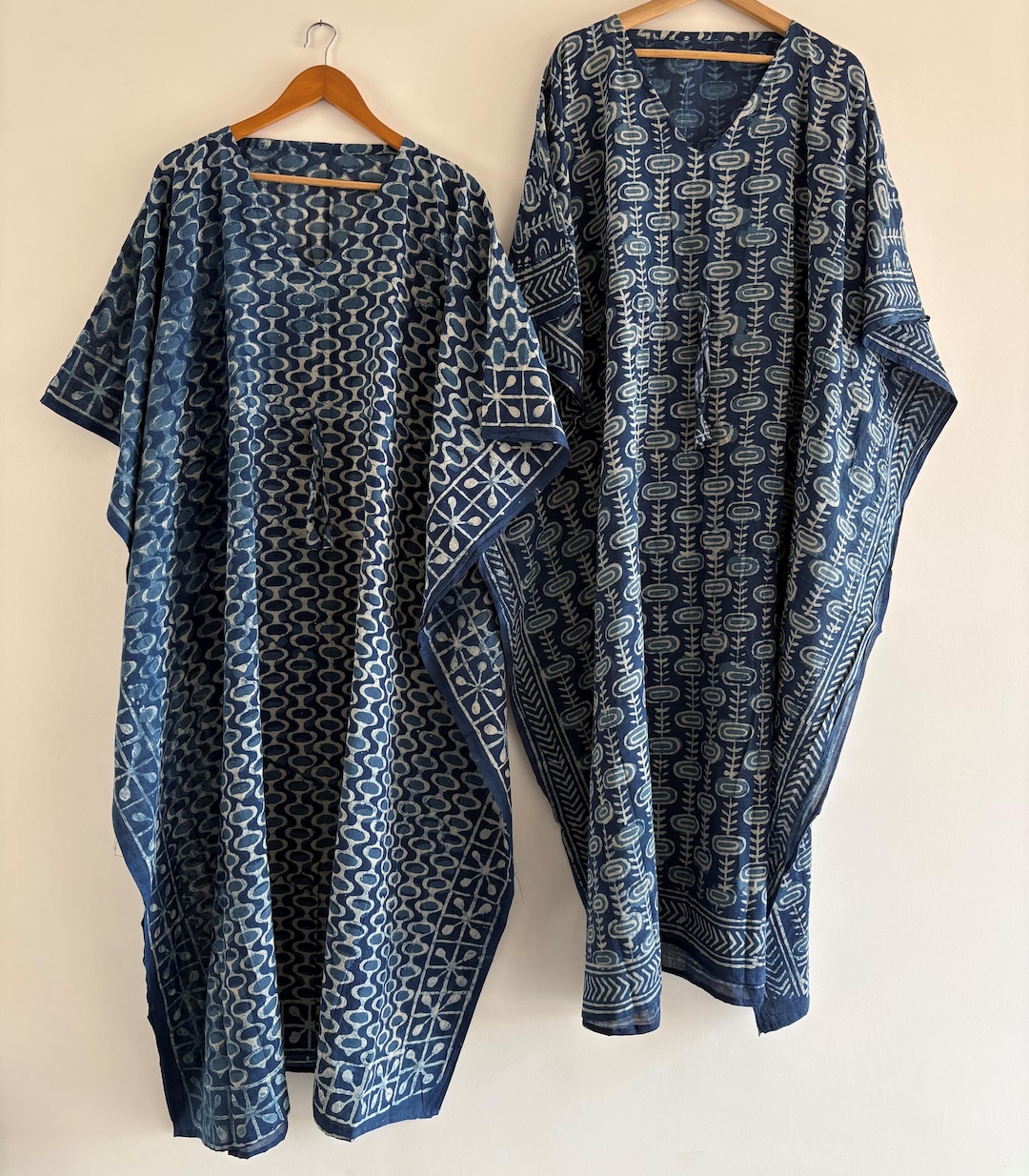 Indigo Hand Block Print Cotton Kaftan, Long Boho Maxi Dress, V-neck ...