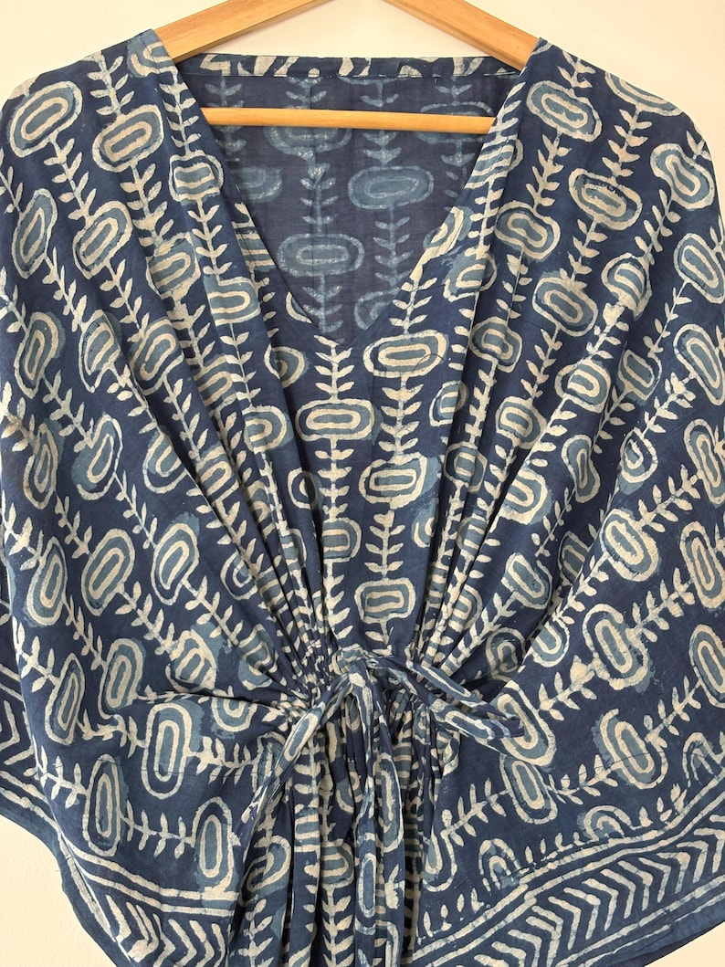 Indigo Hand Block Print Cotton Kaftan, Long Boho Maxi Dress, V-neck ...