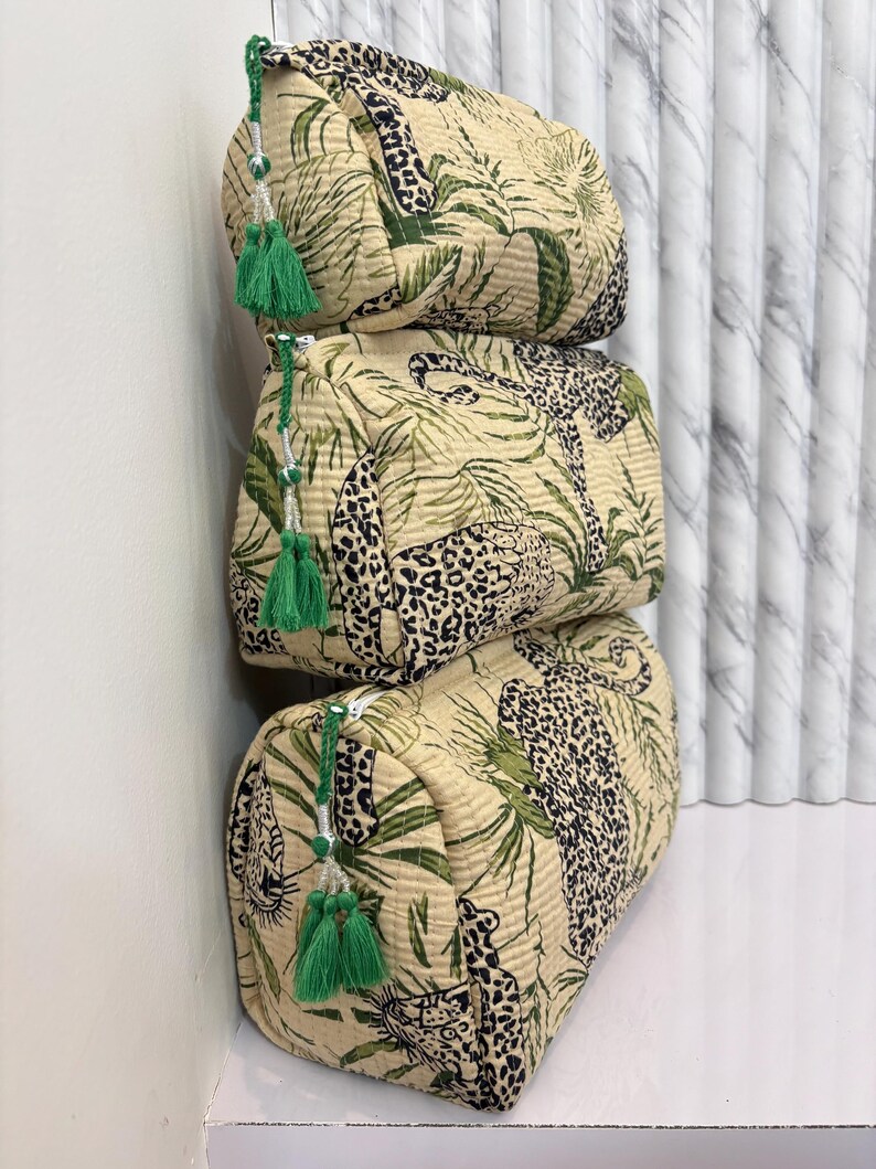 Handmade Quilted Cotton Toiletry Bag, Leopard Tropical Print, Tassel ...