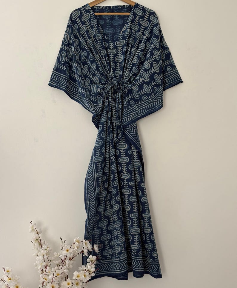 Indigo Hand Block Print Cotton Kaftan, Long Boho Maxi Dress, V-neck ...
