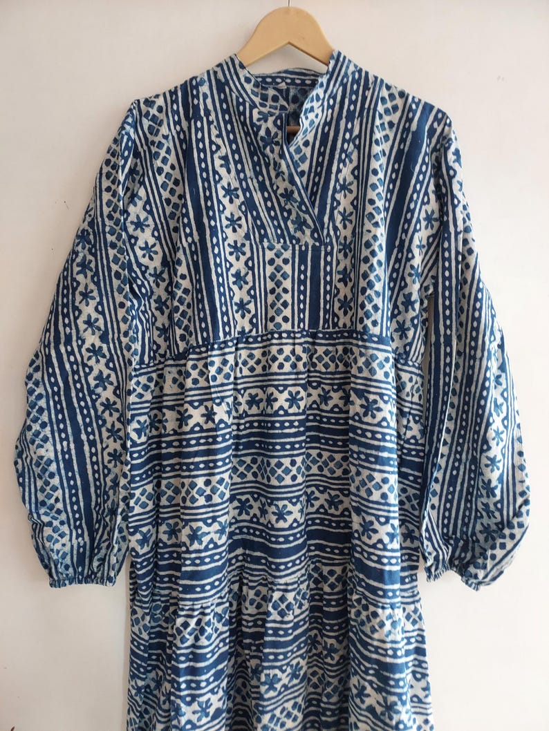 Indigo Hand Block Print Cotton Maxi Dress, Boho Tiered Midi - Etsy ...