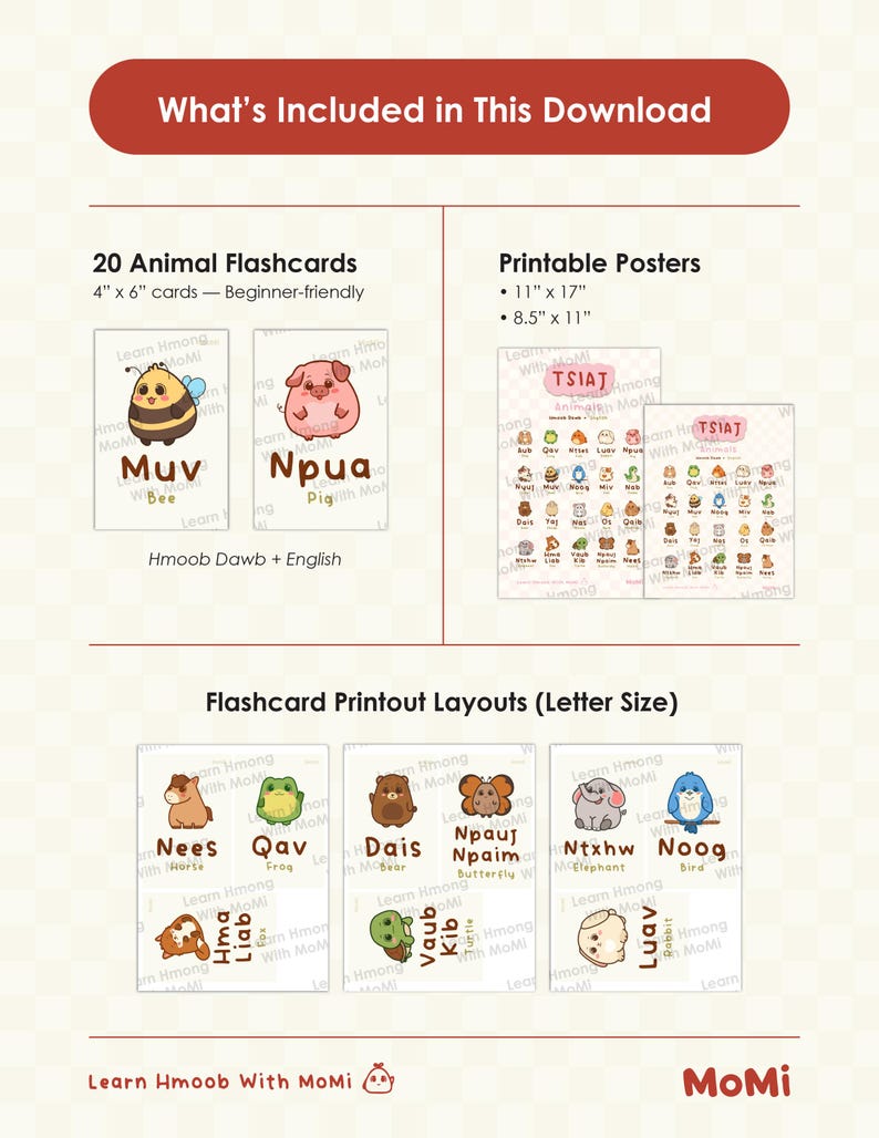 Hmong Animals Learning Bundle – Flashcards + Poster | Hmoob Dawb (white ...