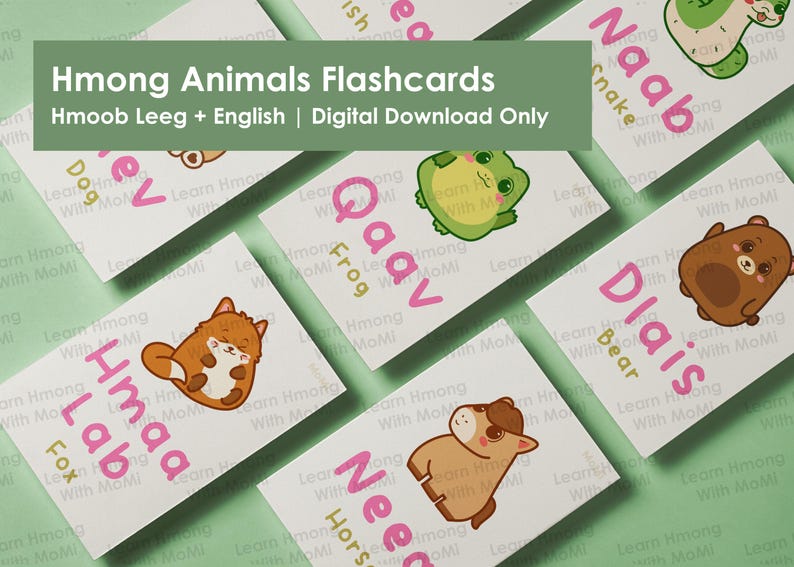 Hmong Animals Flashcards — HMOOB LEEG (green Hmong) & English ...