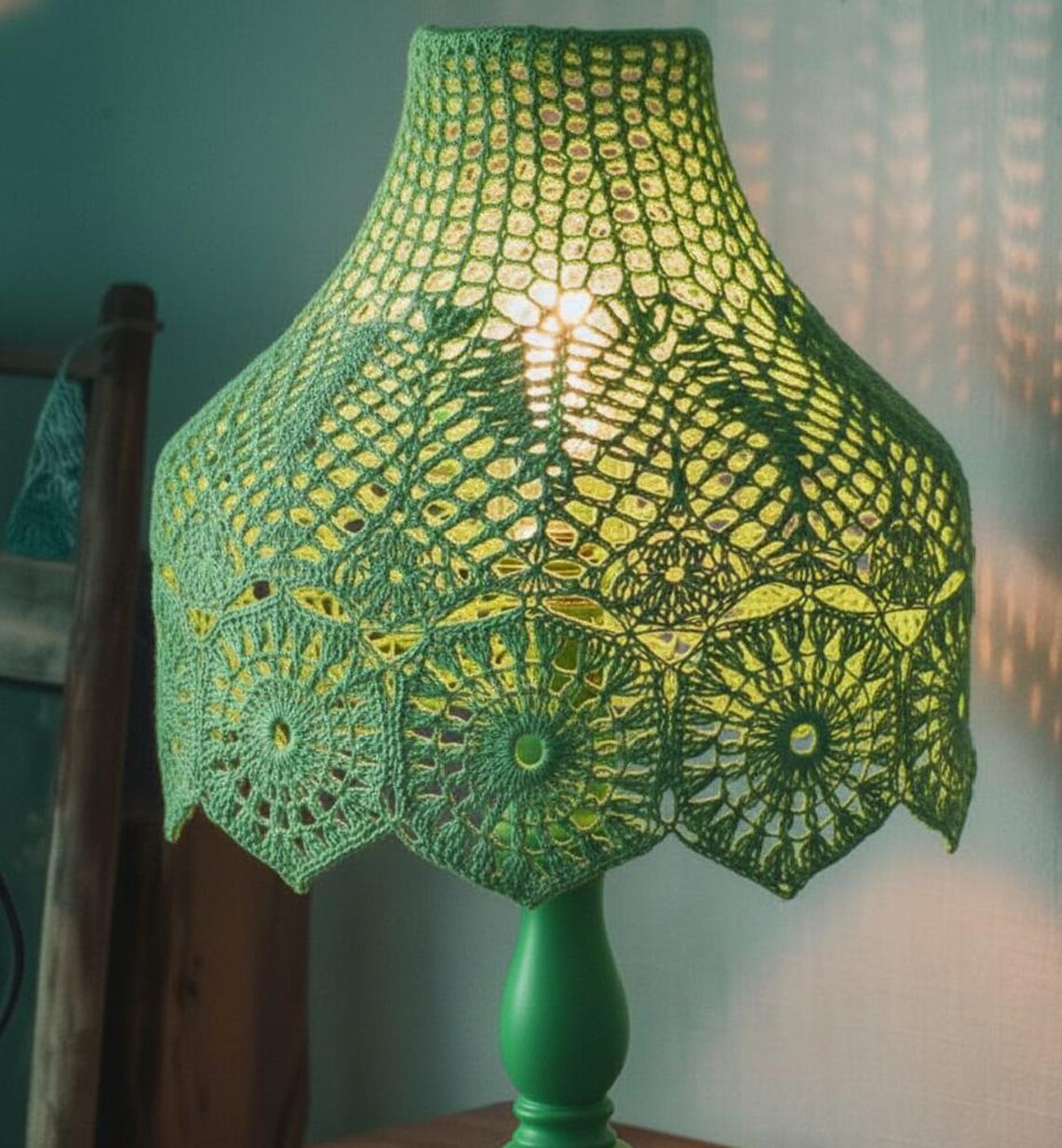 Handmade Crochet Lace Lamp Shade | Green Floral Boho Decor (PDF Pattern ...