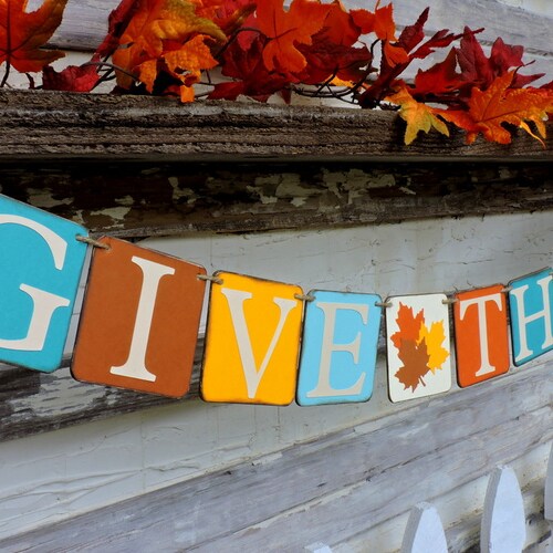 Give Thanks Banner With Fall Leaves Thanksgiving Banner Fall | Etsy