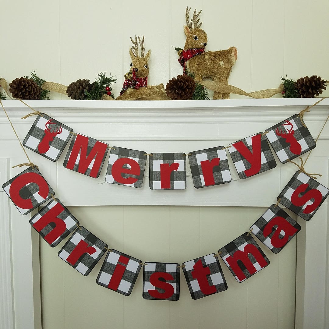 Buffalo Plaid Merry Christmas Banner, Red and Black Christmas Decor ...