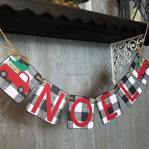 Noel Christmas Decoration Banner, Buffalo Plaid Decor, Red Truck and ...
