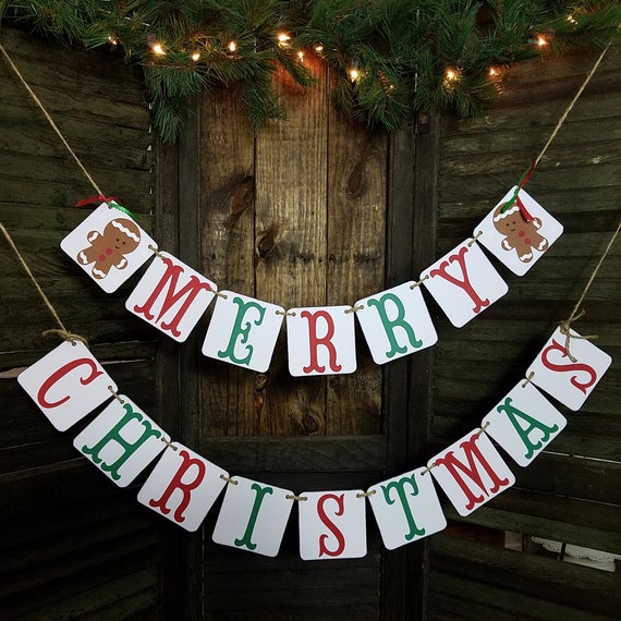 Merry Christmas Banner in Red and Green With Cute Gingerbread ...