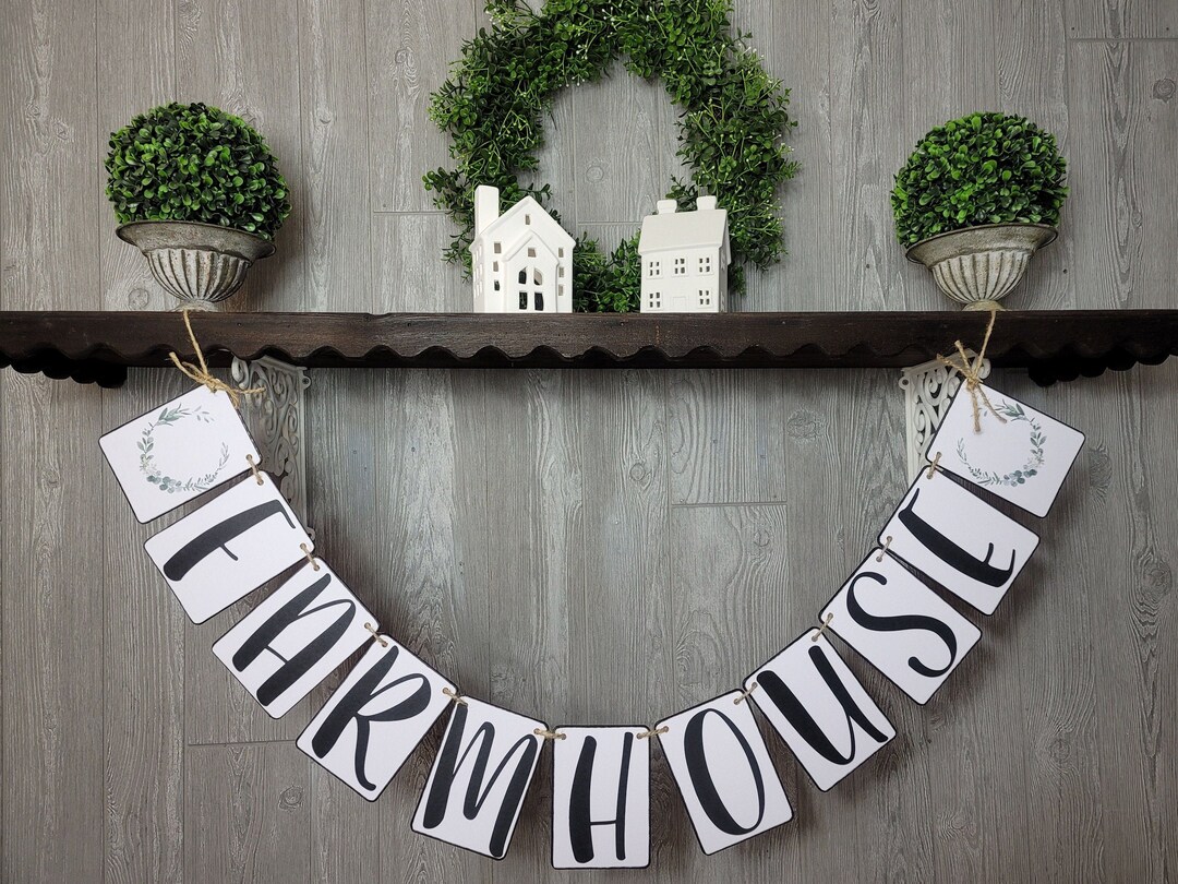 Farmhouse Banner With Wreaths and Black Letters, Farmhouse Sign, Home ...