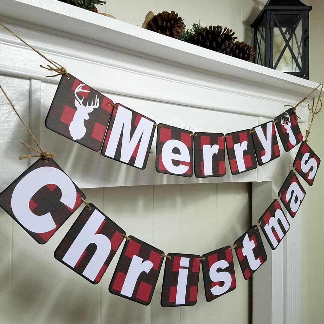 Red Buffalo Plaid Merry Christmas Banner Christmas Mantle - Etsy