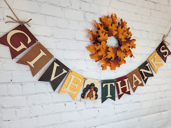 Turkey Give Thanks Wood Banner, Thanksgiving Mantle Garland, Wood ...