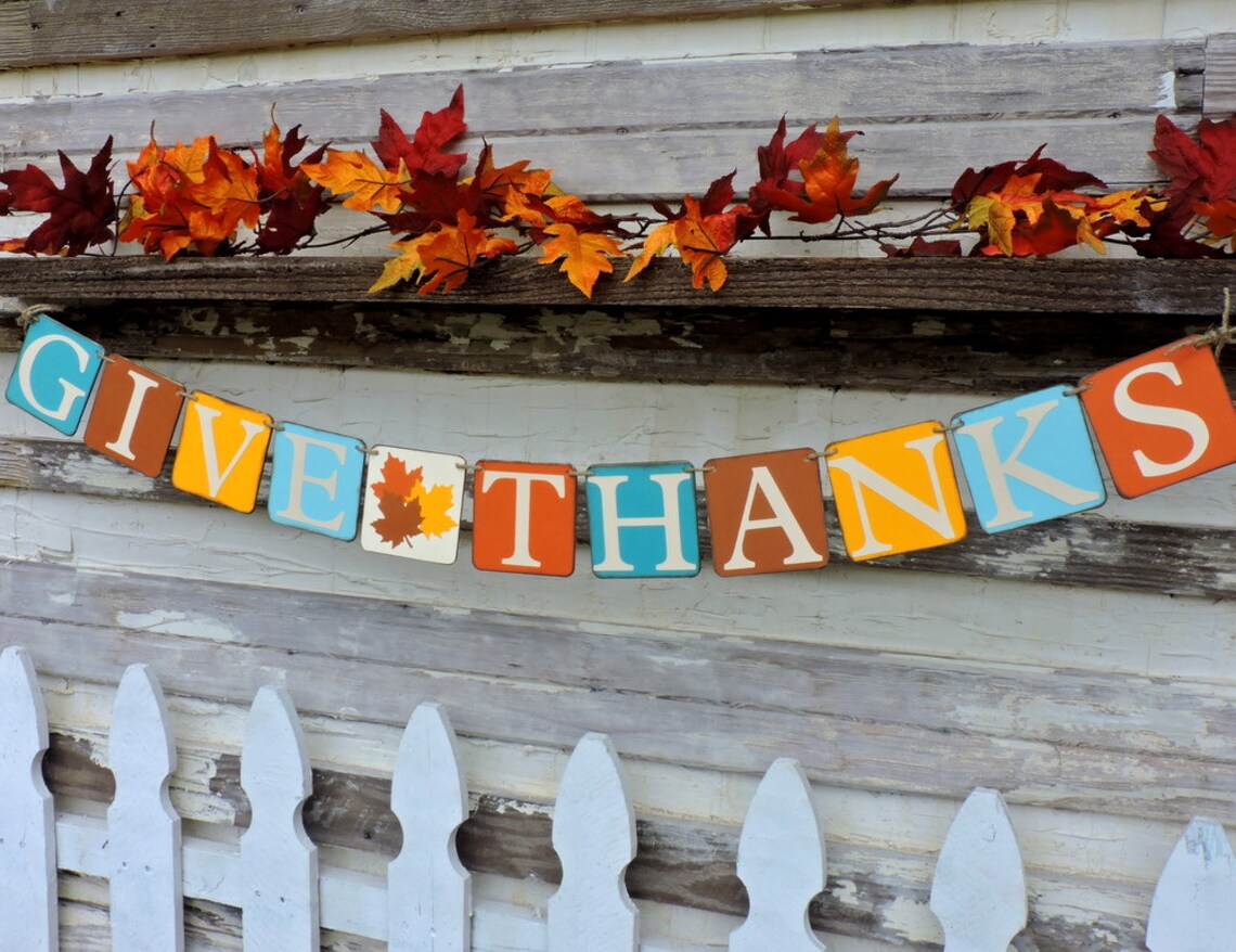 Give Thanks Banner With Fall Leaves Thanksgiving Banner Fall | Etsy