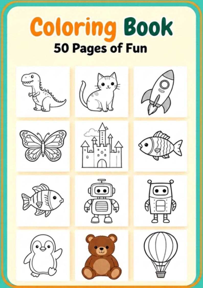 Kids Coloring Book, 50 Pages Animals Activity, Printable PDF (digital ...