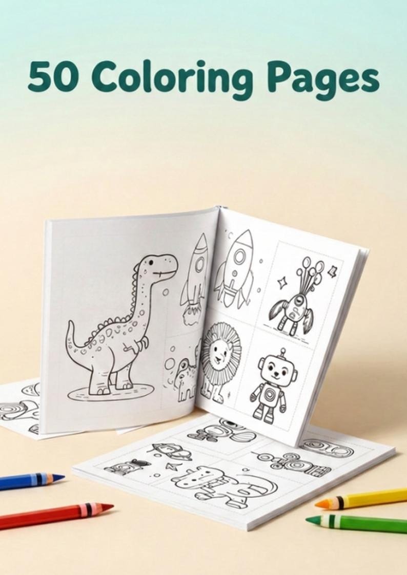 Kids Coloring Book, 50 Pages Animals Activity, Printable PDF (digital ...