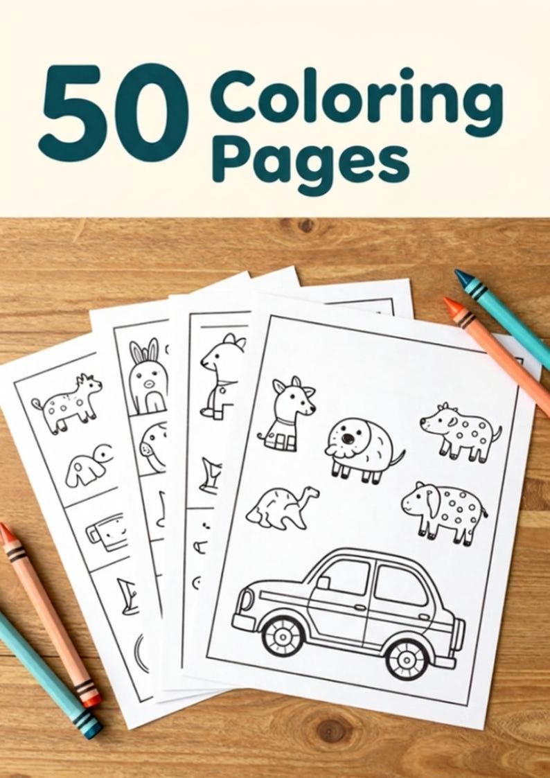 Kids Coloring Book, 50 Pages Animals Activity, Printable PDF (digital ...