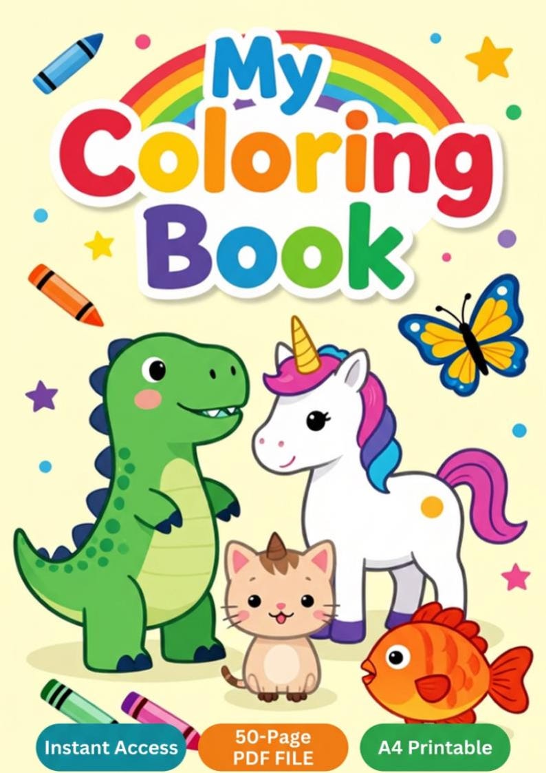 Kids Coloring Book, 50 Pages Animals Activity, Printable PDF (digital ...