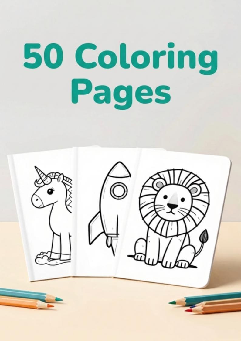 Kids Coloring Book, 50 Pages Animals Activity, Printable PDF (digital ...