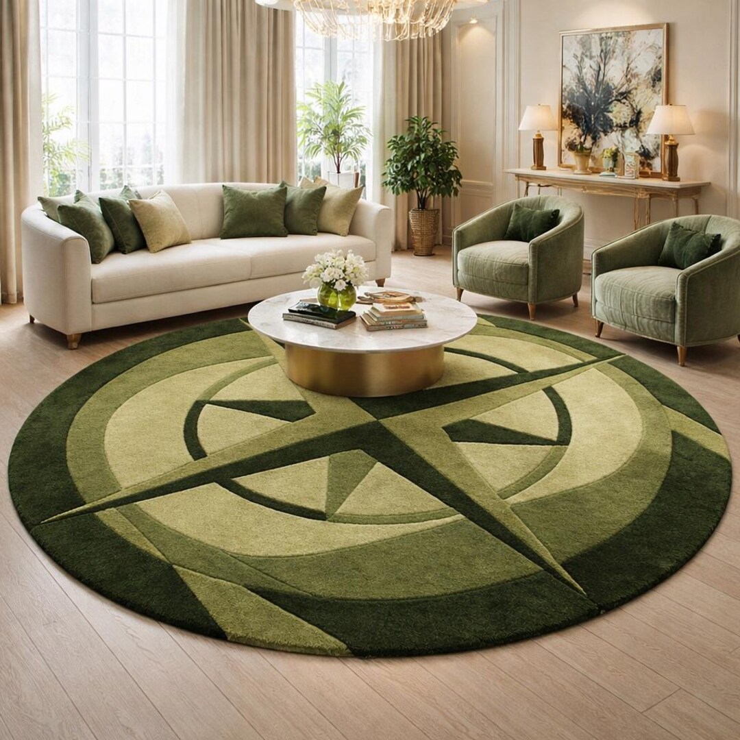 Hand-tufted Wool Round Rug: Sage Green Compass Rose Design - Etsy