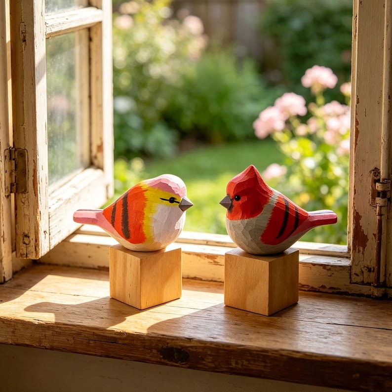 Hand Carved Wooden Cardinal Bird Figurine, Cottagecore Woodland Decor ...
