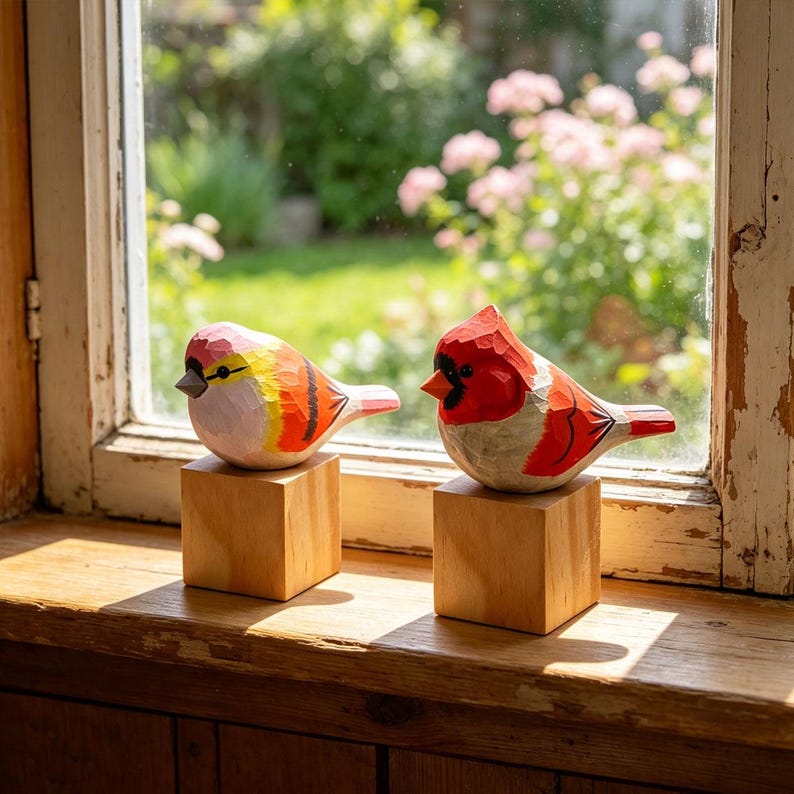 Hand Carved Wooden Cardinal Bird Figurine, Cottagecore Woodland Decor ...