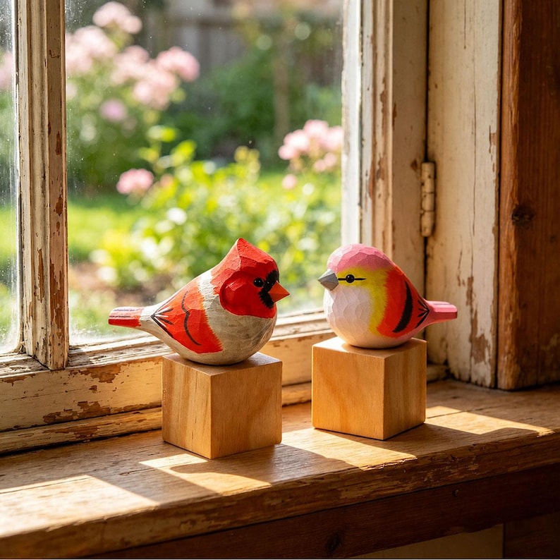Hand Carved Wooden Cardinal Bird Figurine, Cottagecore Woodland Decor ...