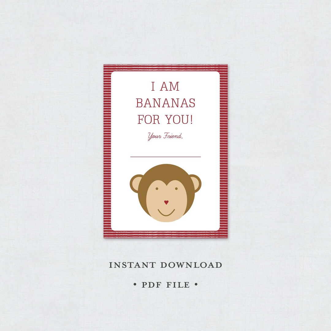 Printable Valentines Card, Monkey Valentine, Bananas Valentine Card ...