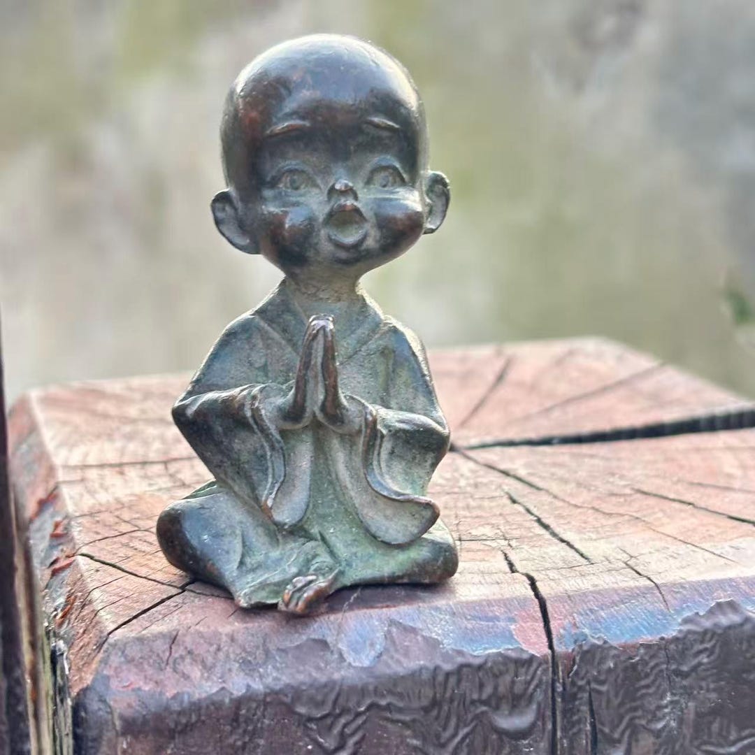 Vintage Little Monk Bronze Statue Desk Meditation Decor Zen Home Accent ...