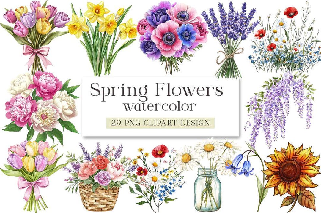 Spring Flowers Watercolor Clipart, Floral PNG Set, 29 Watercolor ...