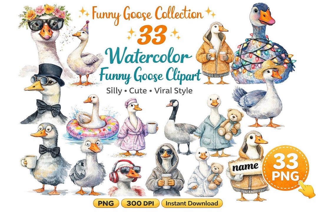 33 Funny Goose Clipart PNG, Watercolor Goose Bundle, Silly Goose ...
