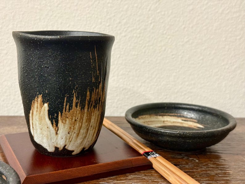 Japanese Hakeme Black-glazed Stoneware Cup & Saucer for Coffee, Sake or ...