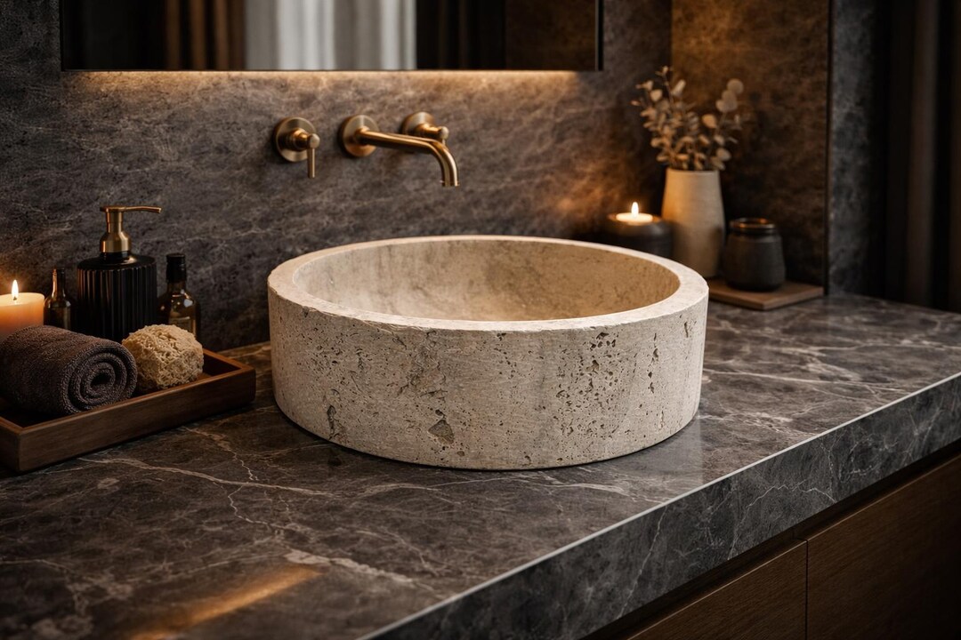 Natural Travertine Round Vessel Sink – 42cm Stone Bathroom Basin – Hand ...