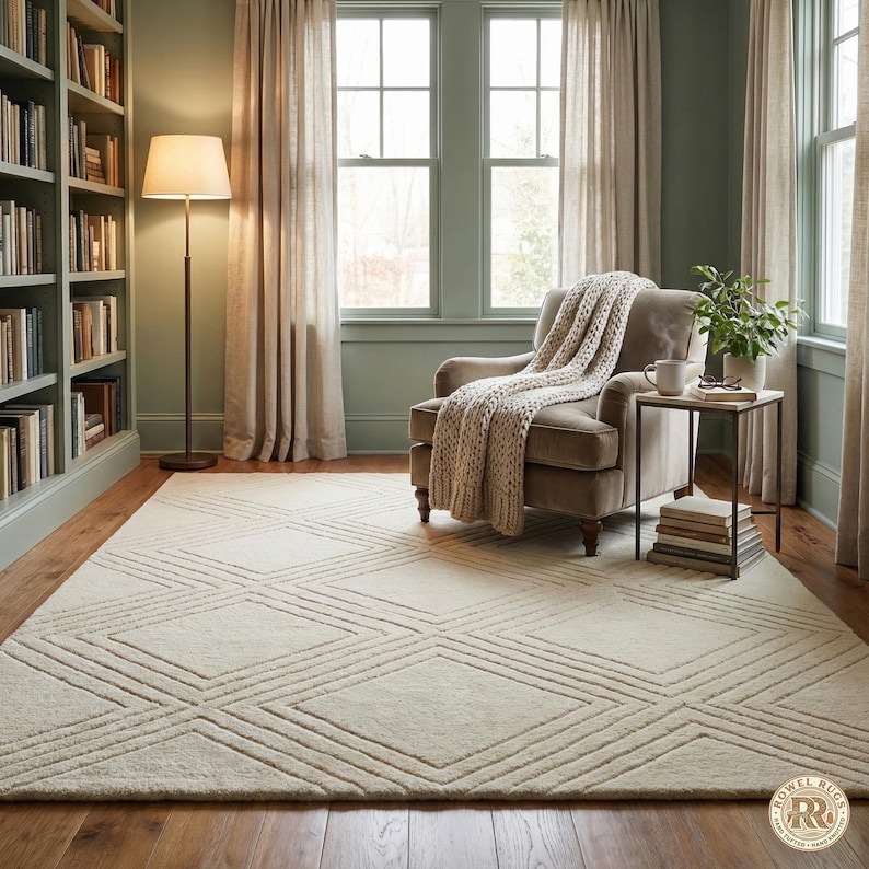 Solid Hand Tufted Wool Rug Cream Geometric Hi Low Textured Modern Area ...