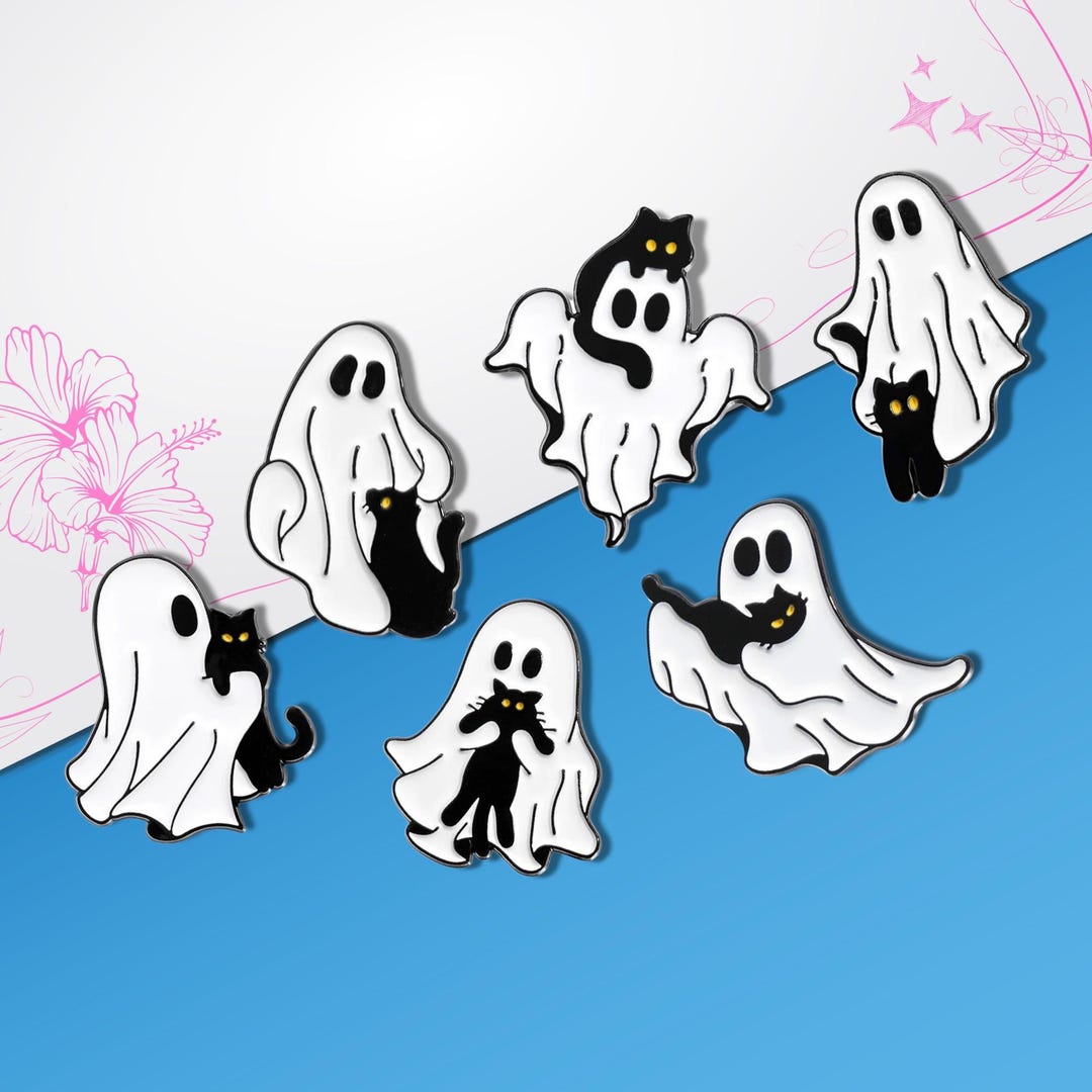 Ghost & Black Cat Enamel Pin Set, Sweet Spooky Halloween Cartoon Pins ...