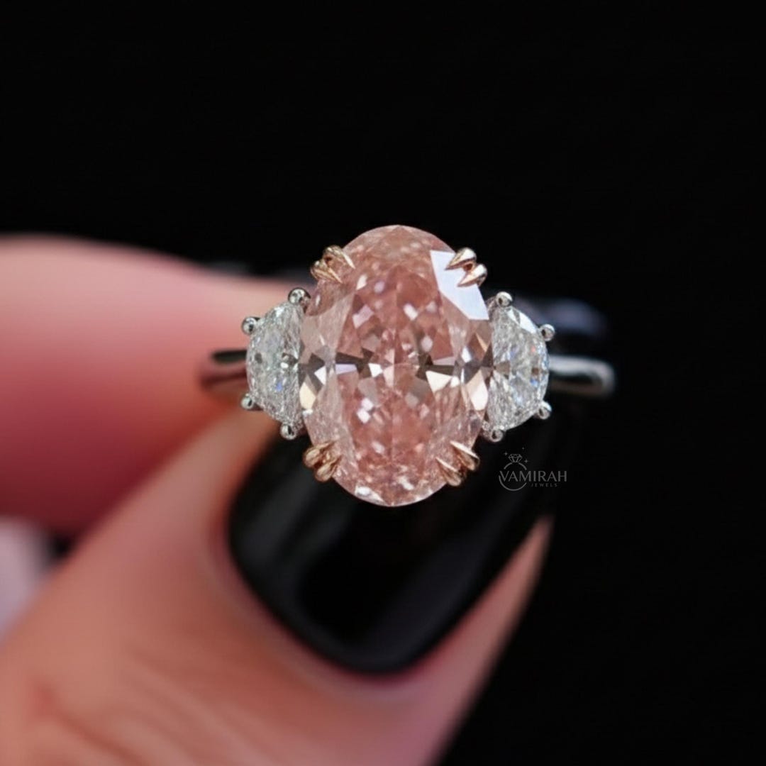 Oval Cut Pink Moissanite Engagement Ring, Vintage 3-stone Bridal, Half ...