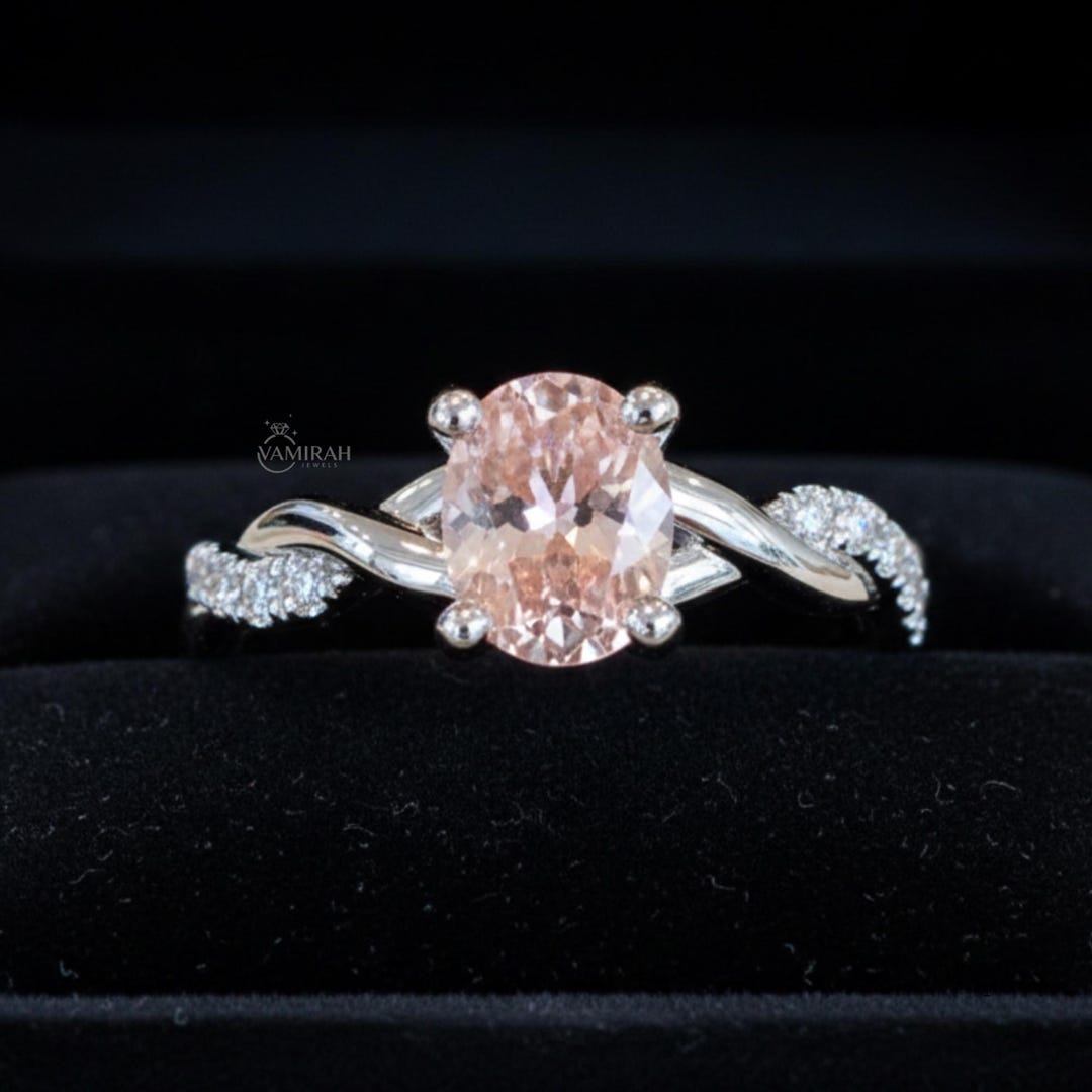 2CT Oval Cut Peach Morganite Engagement Ring, Diamond Accent Split ...