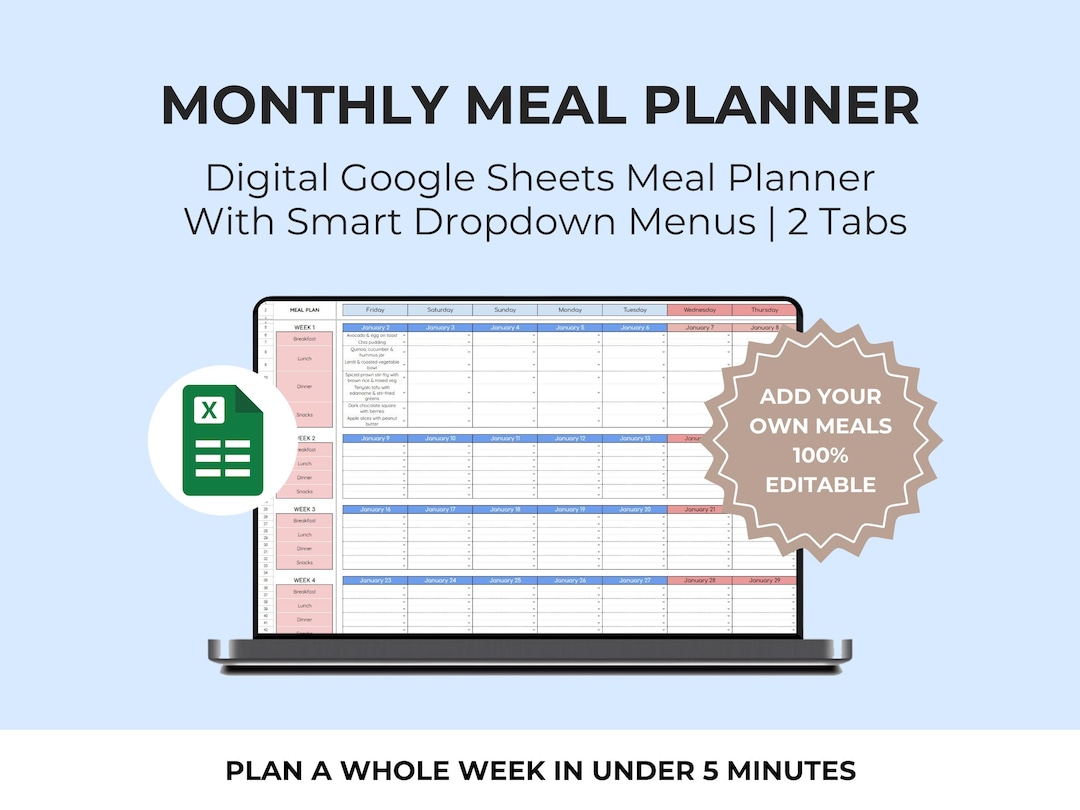 Smart Meal Planner Google Sheets. Excel | Automated Weekly Planner ...