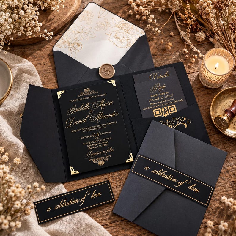 Black Gold Acrylic Wedding Invitation Suit, Wedding Stationary, Luxury ...