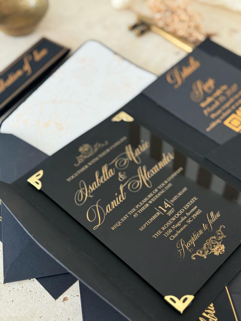 Black Gold Acrylic Wedding Invitation Suit, Wedding Stationary, Luxury ...