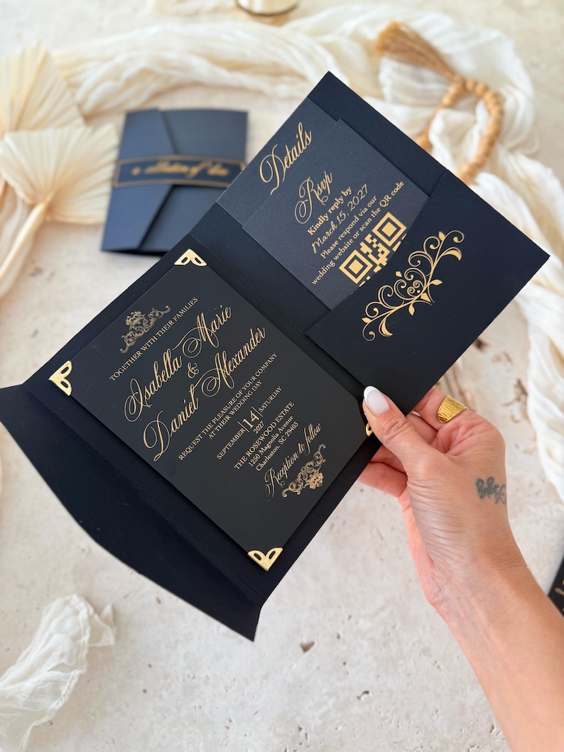 Black Gold Acrylic Wedding Invitation Suit, Wedding Stationary, Luxury ...