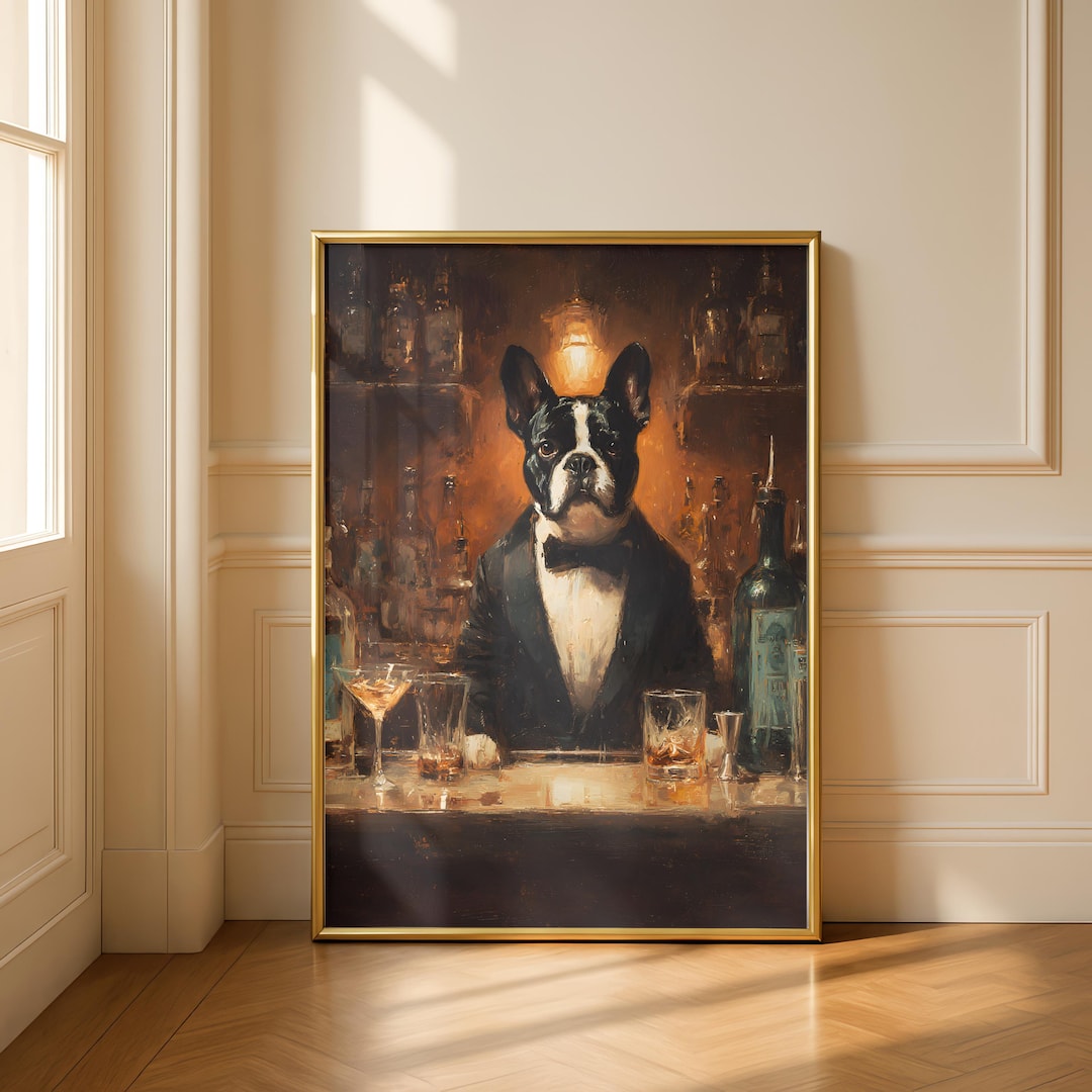 French Bulldog Bartender Print | Vintage Whiskey Bar Wall Art Poster ...