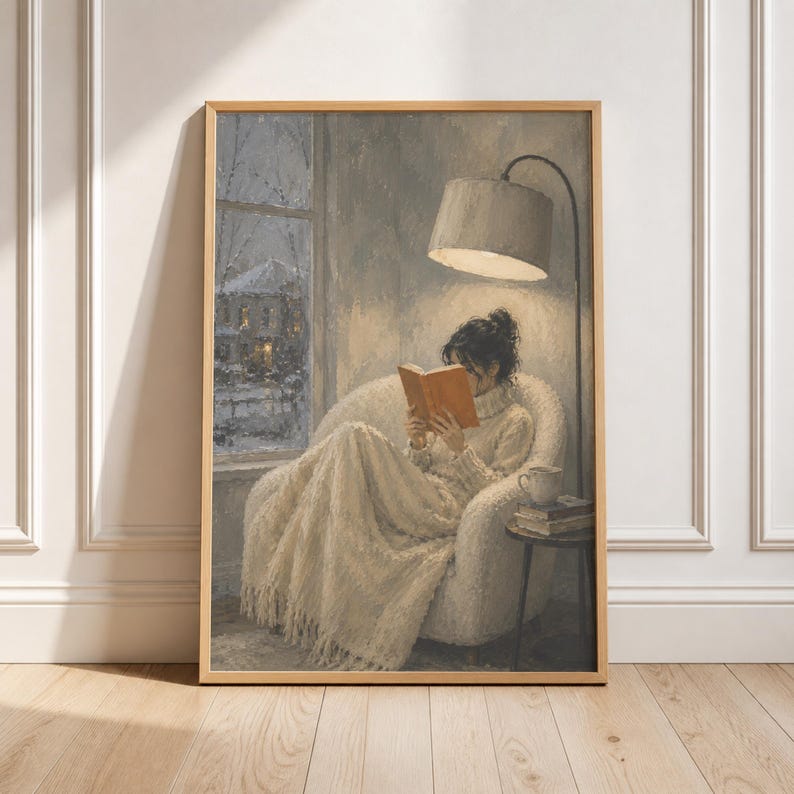 Cozy Winter Reading Scene Print | Hygge Book Nook Decor, Snow Day Art ...