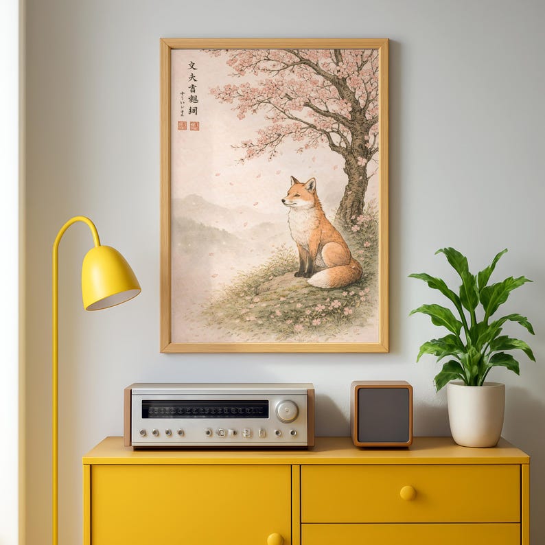 Japanese Fox Cherry Blossom Print, Ukiyo-e Style Kitsune Poster, Asian ...