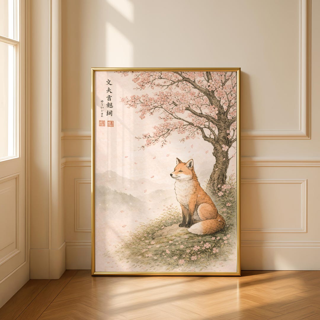 Japanese Fox Cherry Blossom Print, Ukiyo-e Style Kitsune Poster, Asian ...